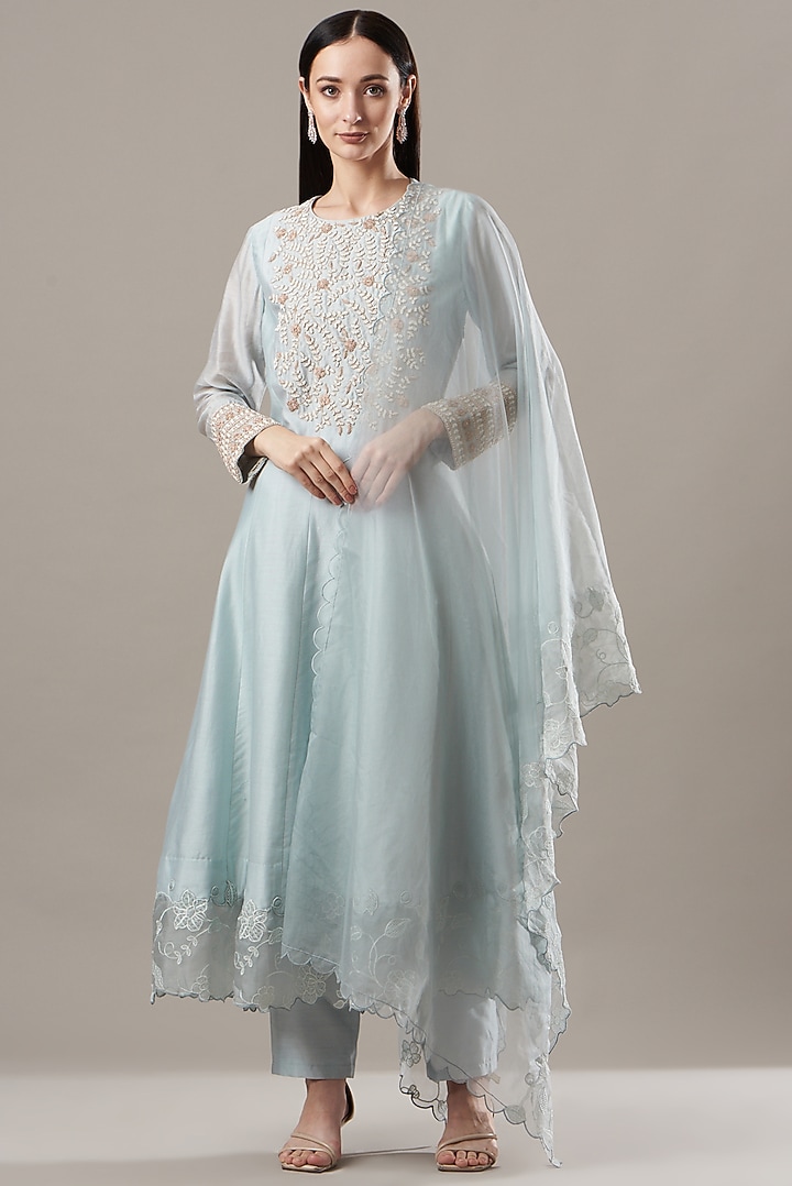 Ice Blue Embellished Anarkali Set by Baidehi at Pernia's Pop Up Shop 2024