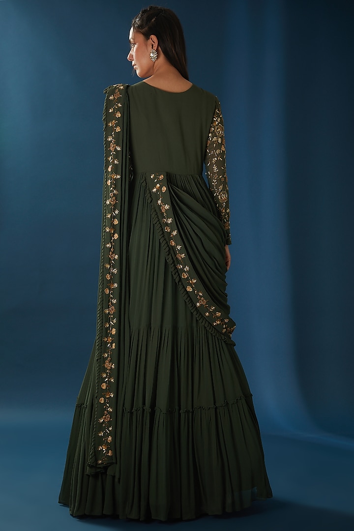 Mehendi Green Georgette Sequins Embroidered Draped Gown Saree by ...