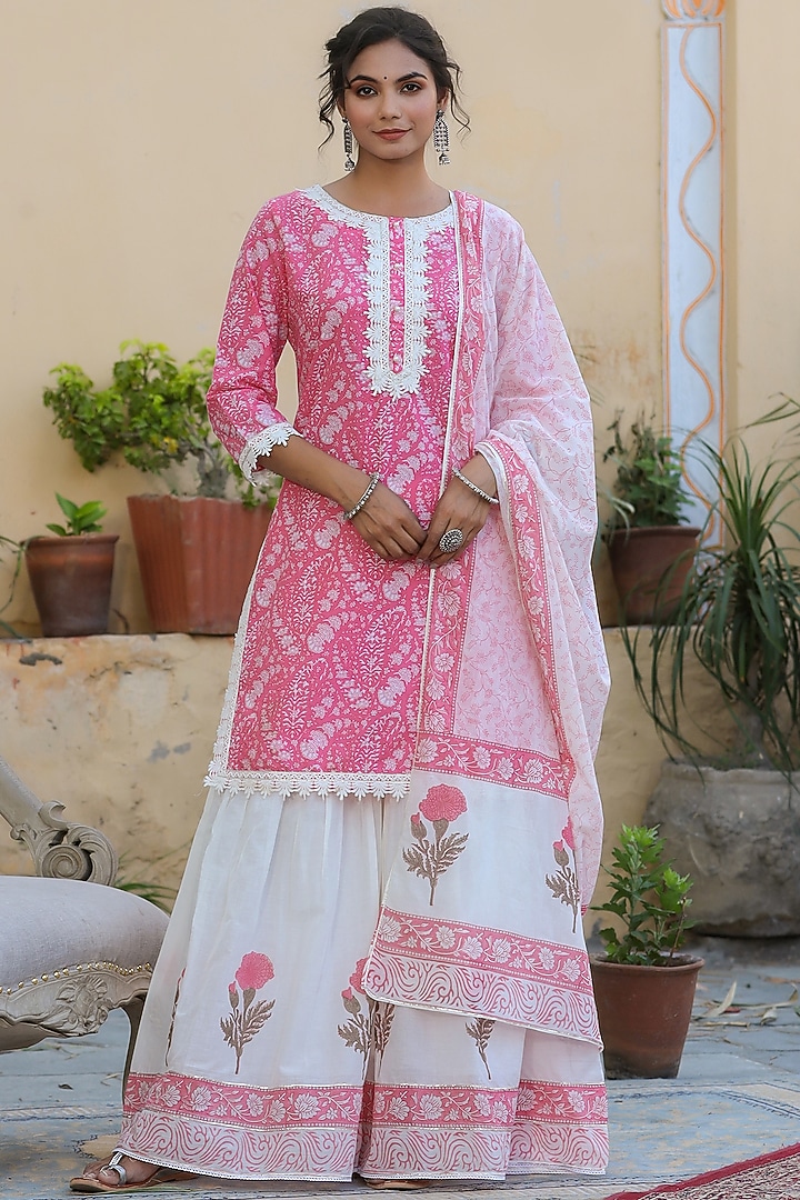 Pink Hand Block Printed Sharara Set by Bairaas at Pernia's Pop Up Shop 2025