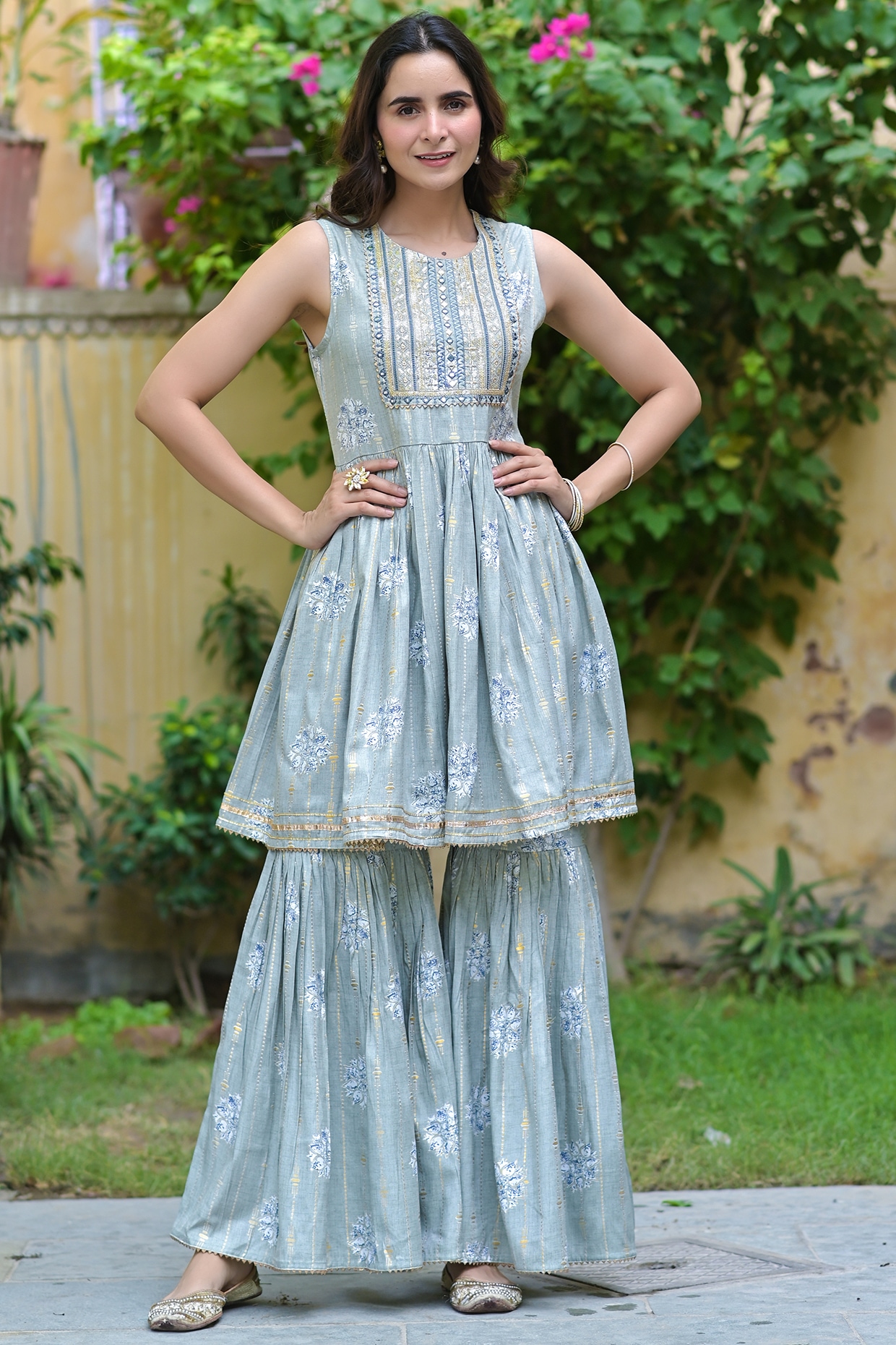 Sky Blue Embroidered Sharara Set by Bairaas at Pernia's Pop Up Shop 2025