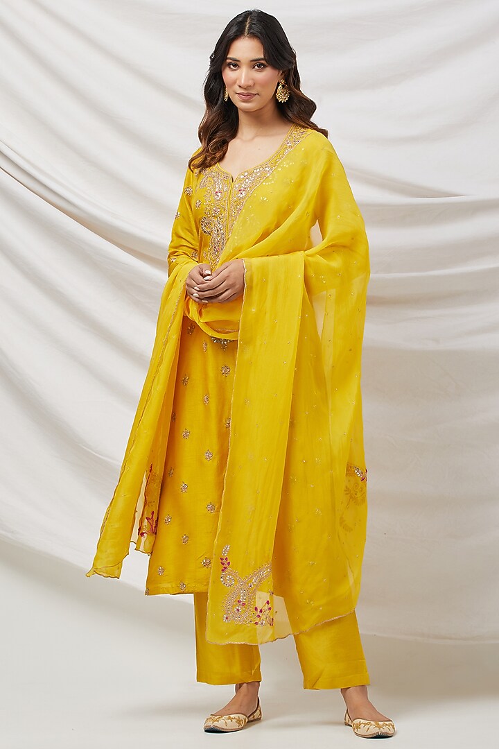 Yellow Cotton Silk Embroidered Kurta Set by Basanti - Kapde aur Koffee ...
