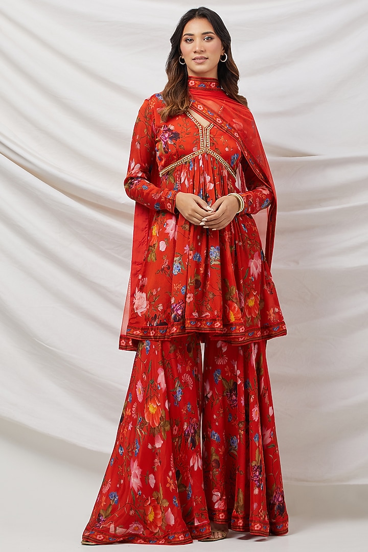 Red Soft Chinnon Printed Sharara Set Design by Basanti - Kapde aur ...