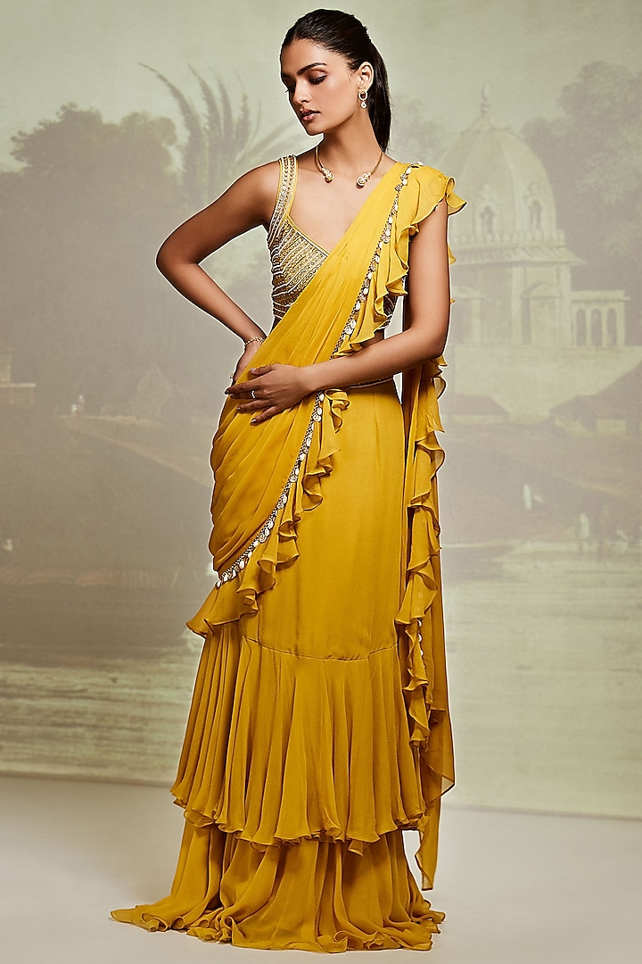 Yellow Georgette Embroidered Ruffle Saree Set by Basanti - Kapde aur ...