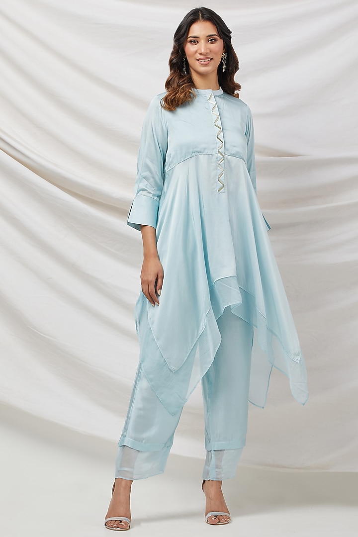 Light Blue Satin Crepe Tunic Set by Basanti - Kapde aur Koffee at ...