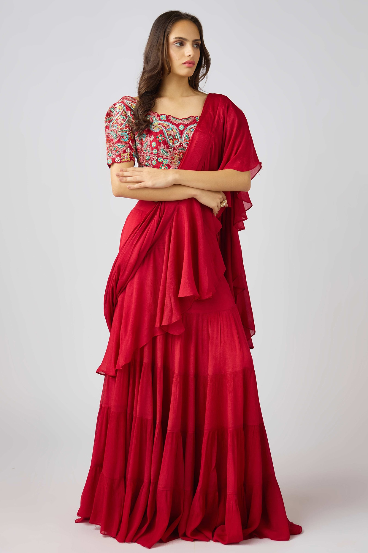 Red Chinon Pre-Draped Saree Set by Basanti - Kapde aur Koffee at Pernia ...