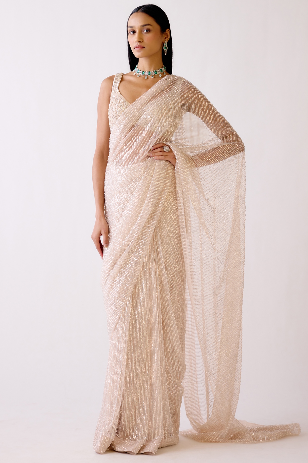 Gold Net & Silk Pearl & Sequins Embellished Saree Set by Basanti ...