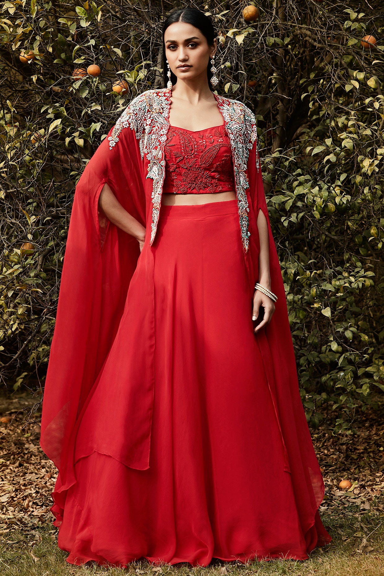 Red Organza Resham Embroidered Jacket Lehenga Set by Basanti - Kapde ...