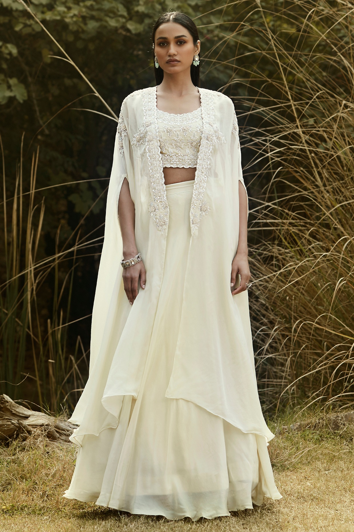 Ivory Crepe Sequins & Moti Embroidered Jacket Lehenga Set by Basanti ...