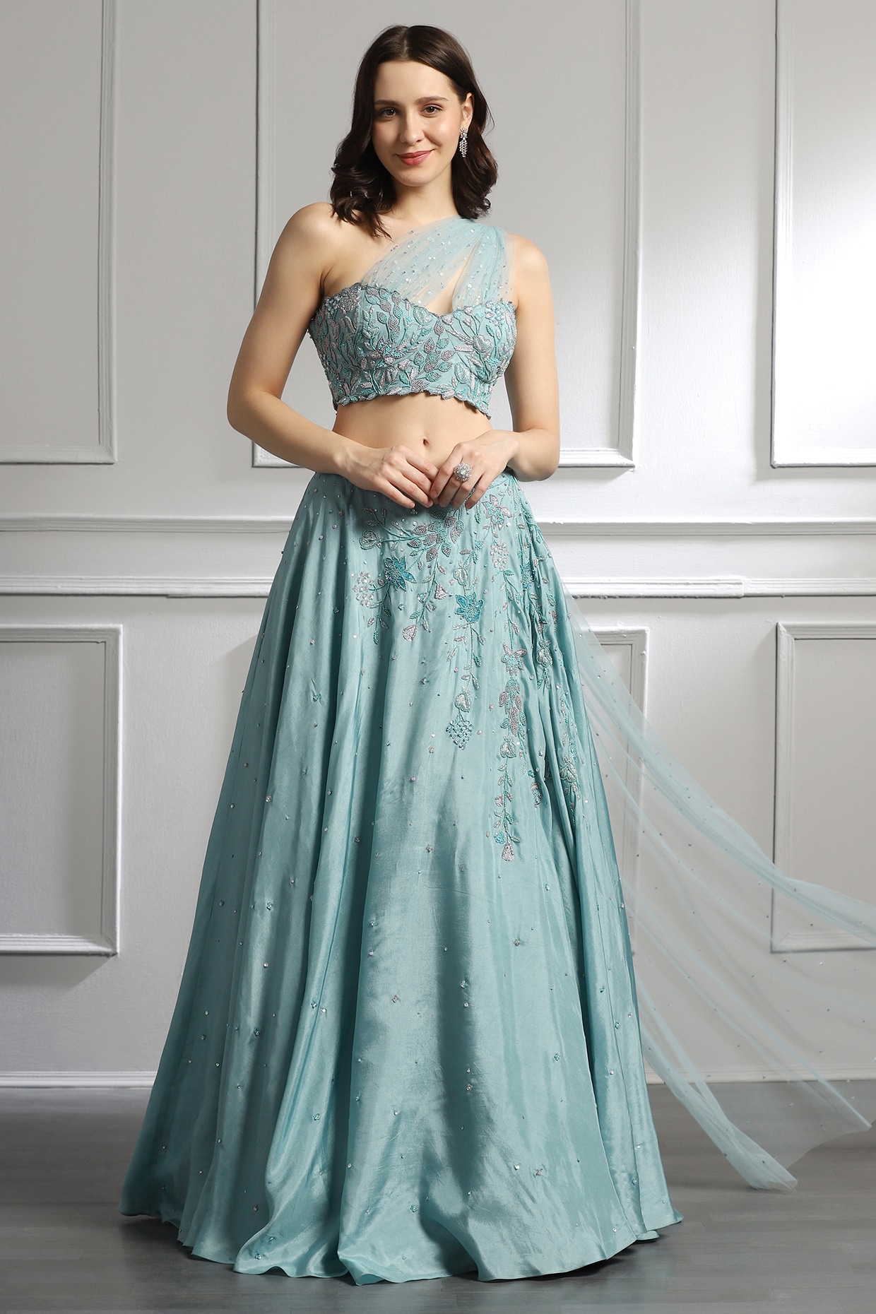 Sea Blue Silk & Net Beads & Sequins Embroidered Wedding Lehenga Set by BAYA BY RICHA at Pernia's ...