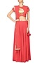 Coral red foil and cutdana work crop top and lehenga skirt set ...