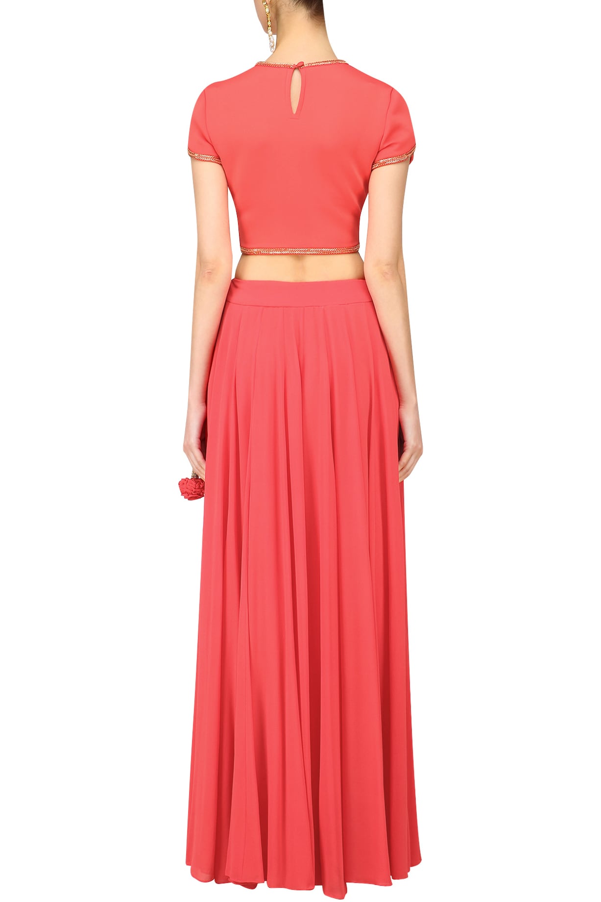 Coral red foil and cutdana work crop top and lehenga skirt set ...