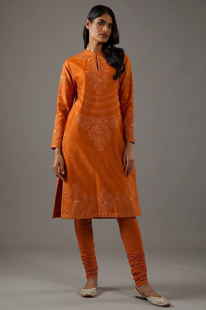 Rust Orange Chanderi Silk Embroidered Kurta Set by Balance by Rohit Bal ...