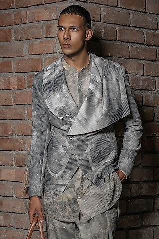 Grey Matka Silk Printed Jacket by Balance by Rohit Bal Men at Pernia's ...