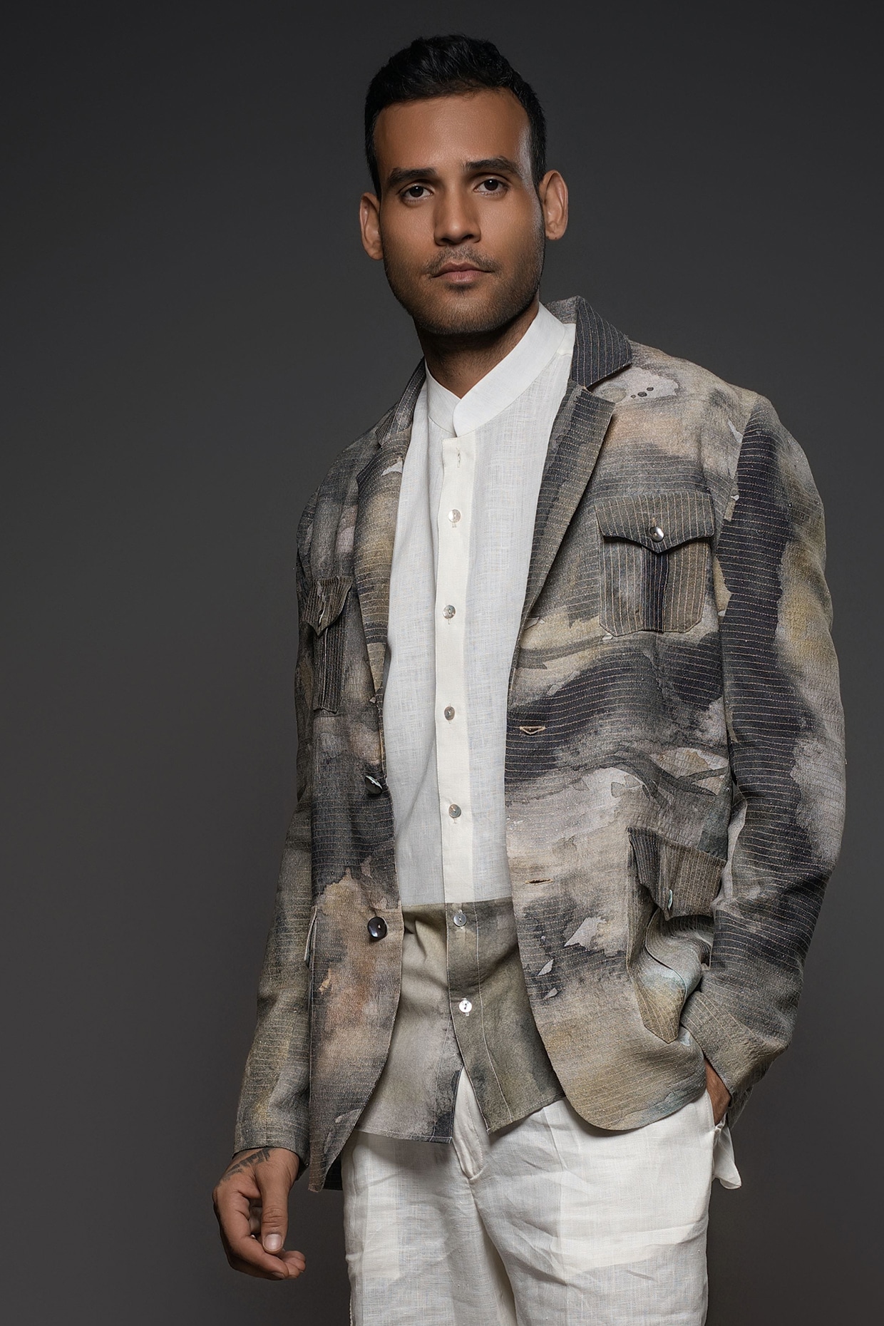 Grey Matka Silk Printed Jacket by Balance by Rohit Bal Men at Pernia's ...