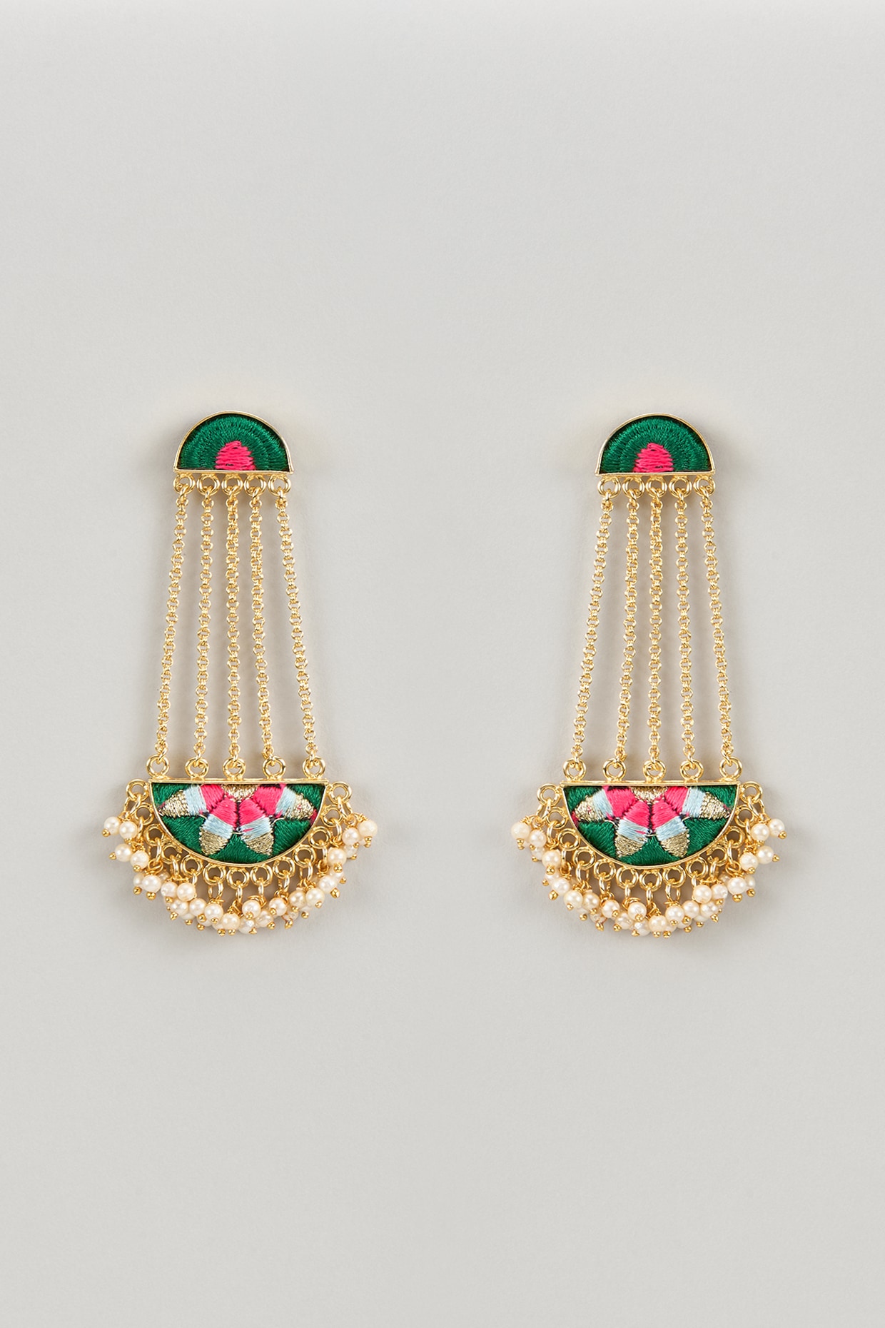 Matte Gold Finish Silk Thread & Pearl Embellished Semi-Circular Dangler ...