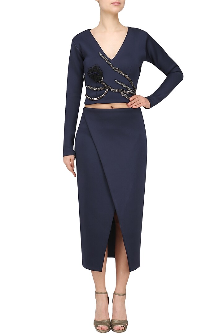 Midnight blue embroidered crop top and skirt available only at Pernia's ...