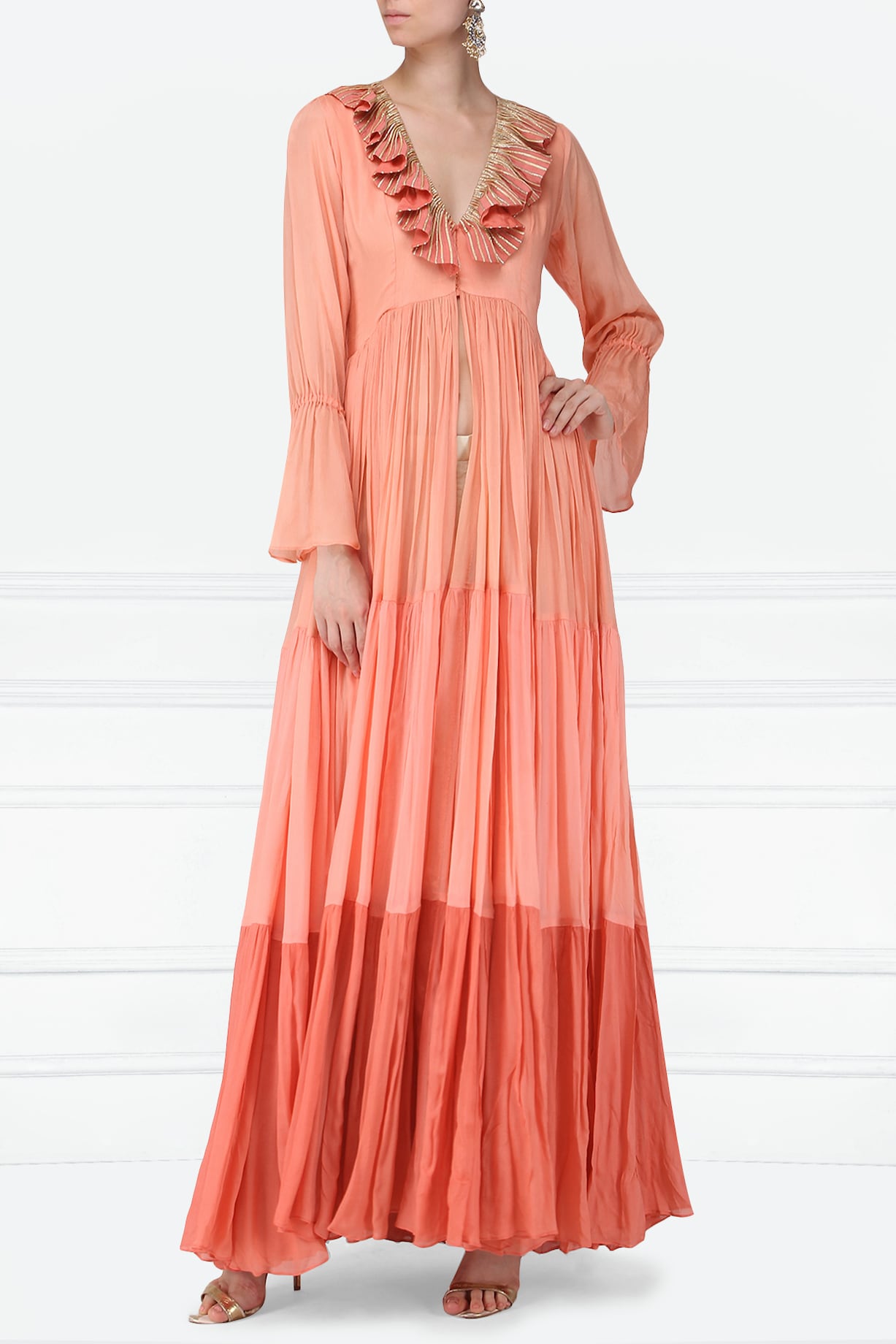 Peach ruffle embroidered tiered tunic available only at Pernia's Pop Up ...