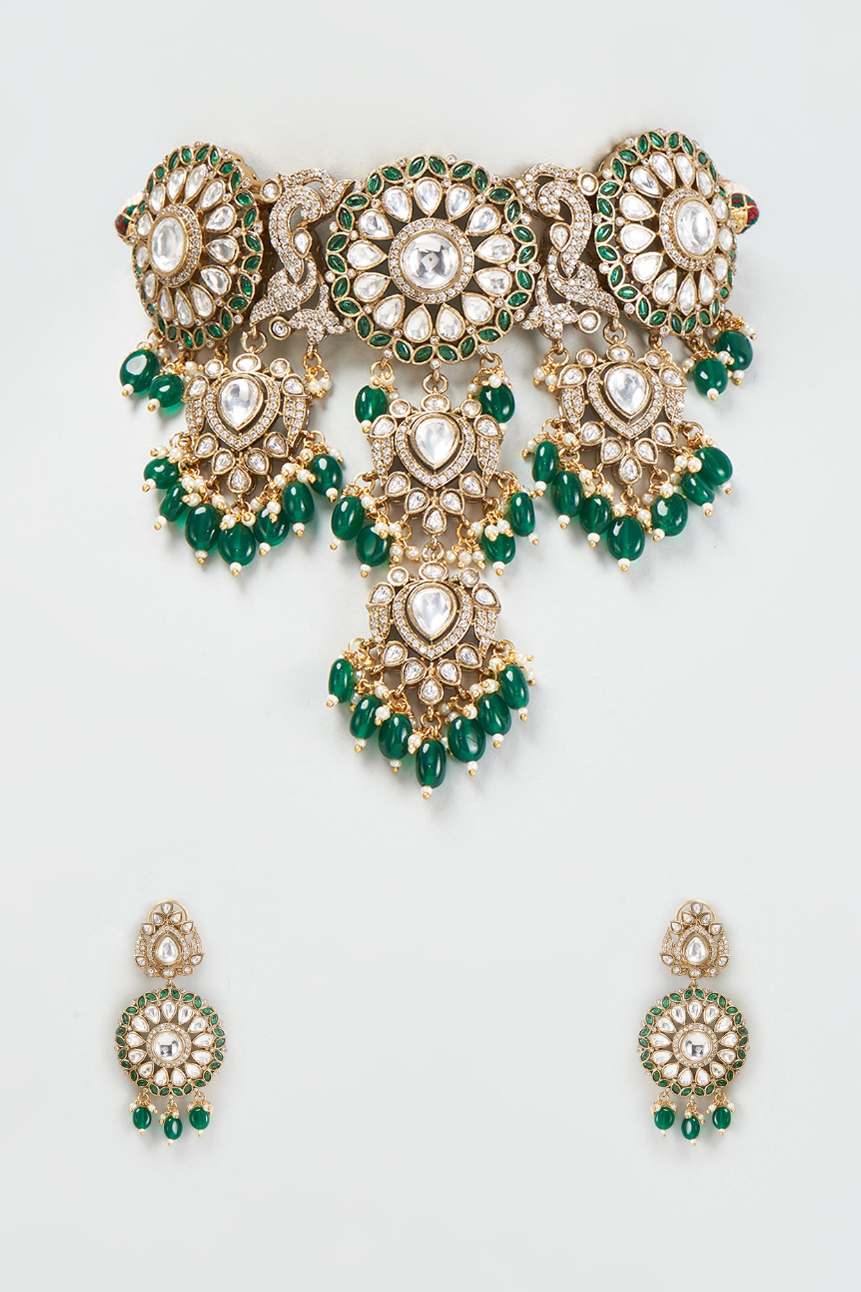 Gold Finish Kundan Polki & Green Stone Choker Necklace Set by BeautiArt ...