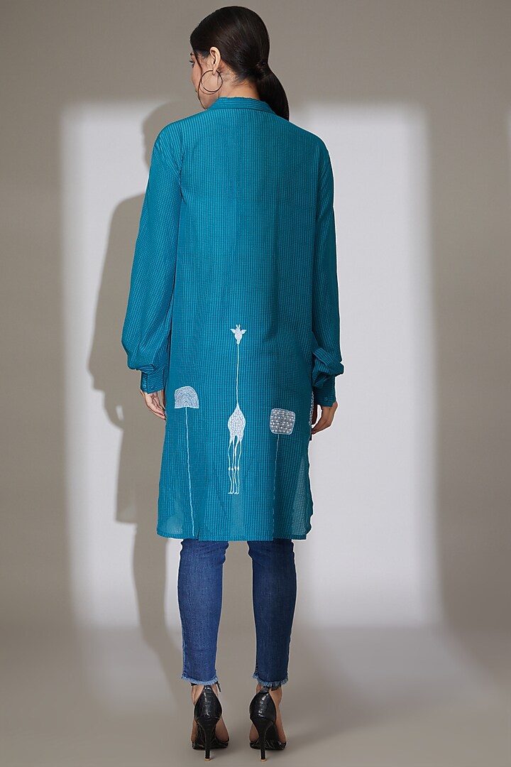 Prussian Blue Embroidered Long Shirt by Beejoliyo at Pernia's Pop Up ...