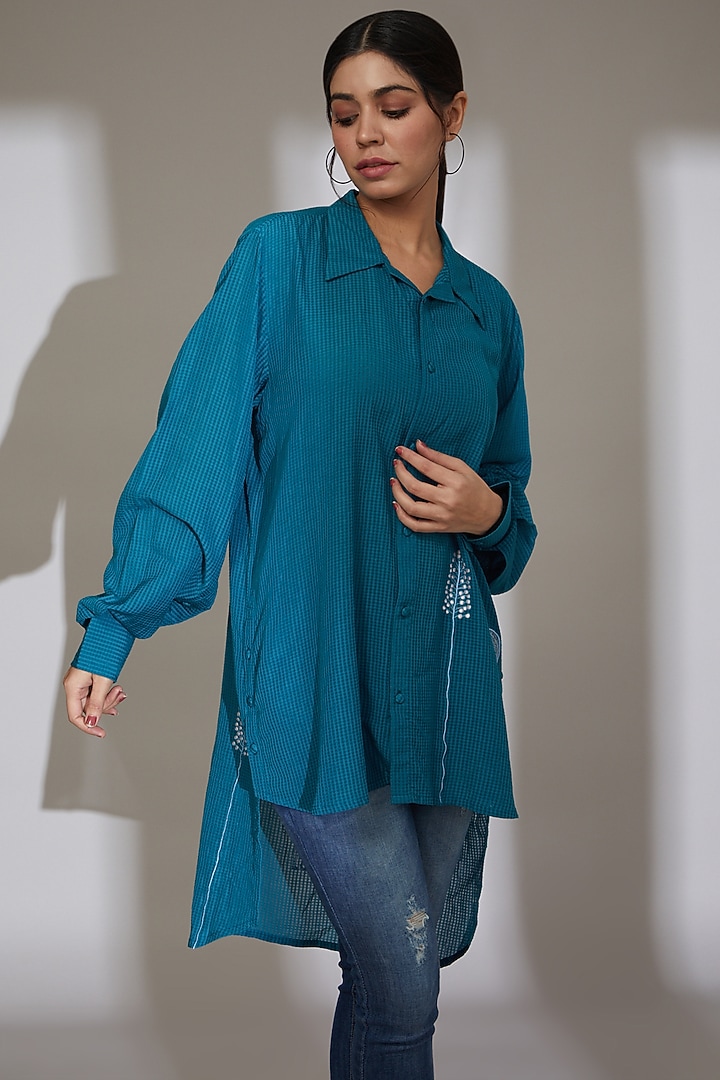 Prussian Blue Embroidered Long Shirt by Beejoliyo at Pernia's Pop Up ...