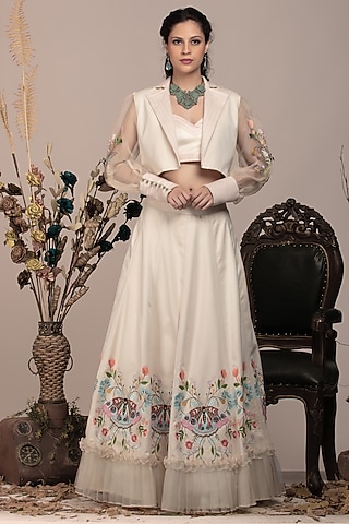 Beige Suede Floral Embroidered Jacket Wedding Lehenga Set by Beejoliyo ...
