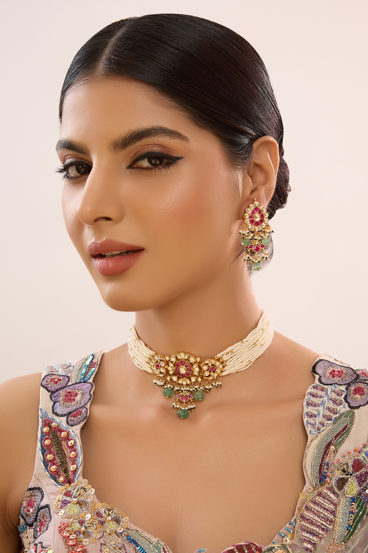 Gold Finish Multi-Colored Kundan Polki Choker Necklace Set by Beryachi at Pernia's Pop Up Shop 2025
