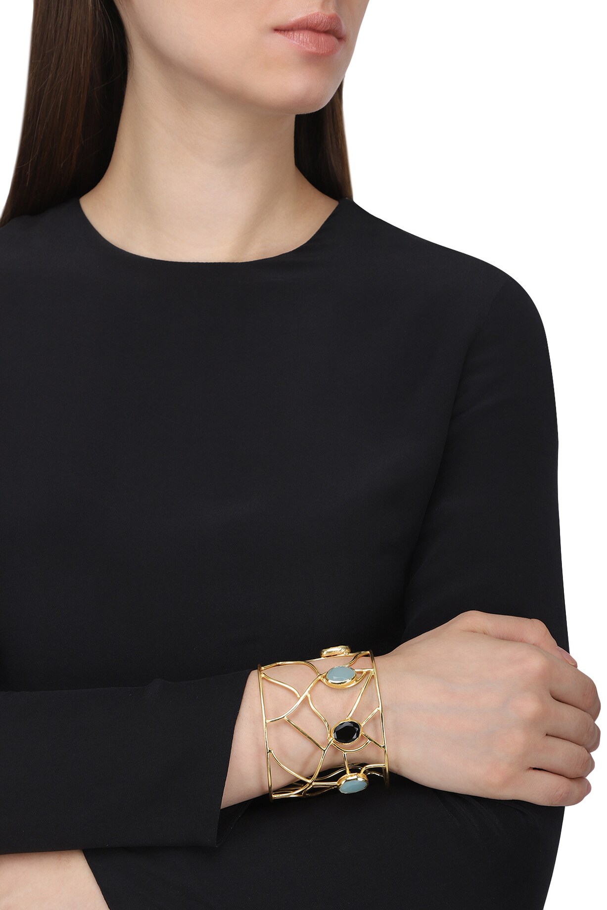 Gold plated aqua and black stone handcuff available only at Pernia's ...