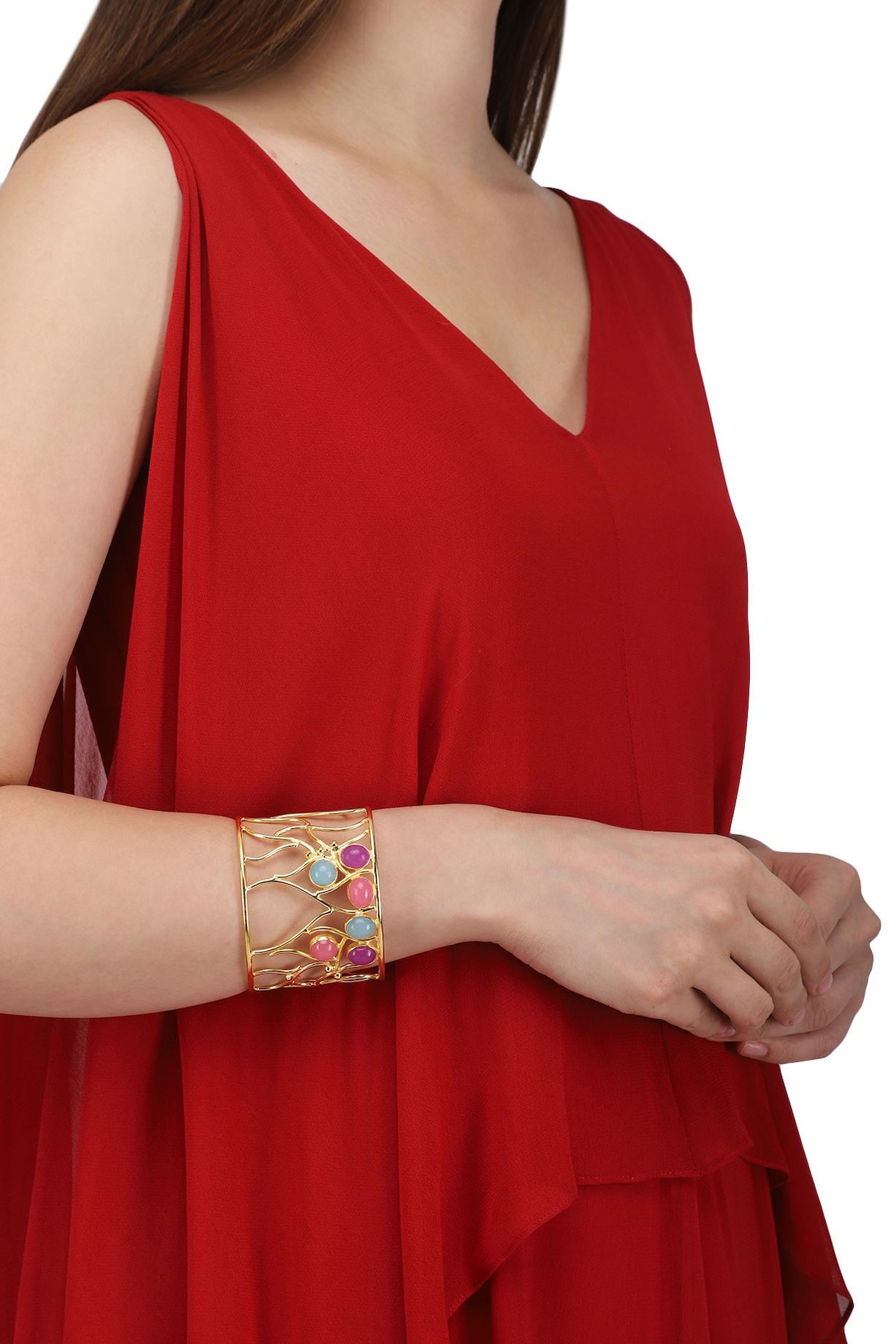 Gold plated multi-coloured jade stone filigree handcuff available only ...