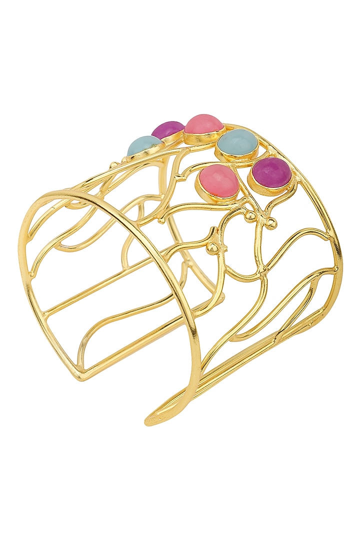 Gold plated multi-coloured jade stone filigree handcuff available only ...