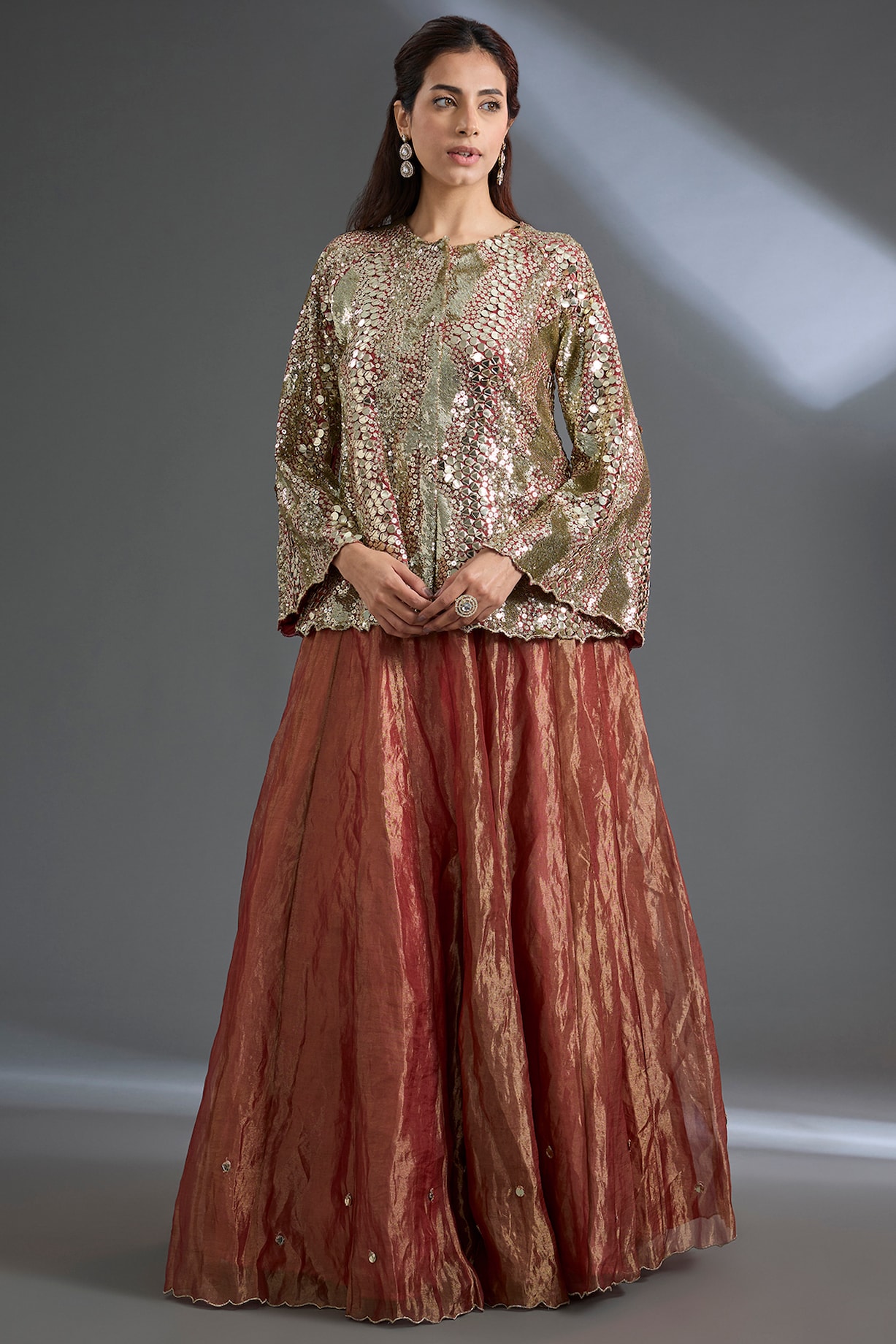 Peach Pure Silk Tissue Mirror Work Wedding Lehenga Set by Begum Pret at Pernia's Pop Up Shop 2025