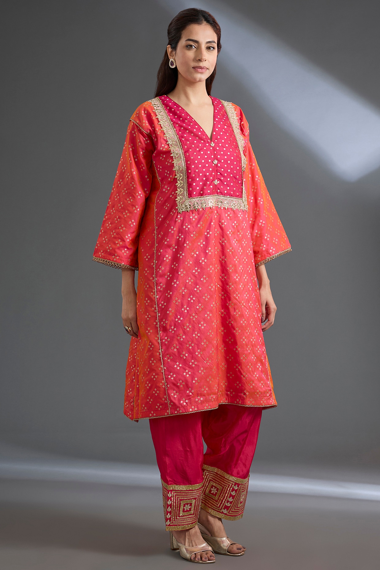 Peachish Orange Zari Silk Gota Patti Work Phiran Kurta Set by Begum Pret at Pernia's Pop Up Shop ...