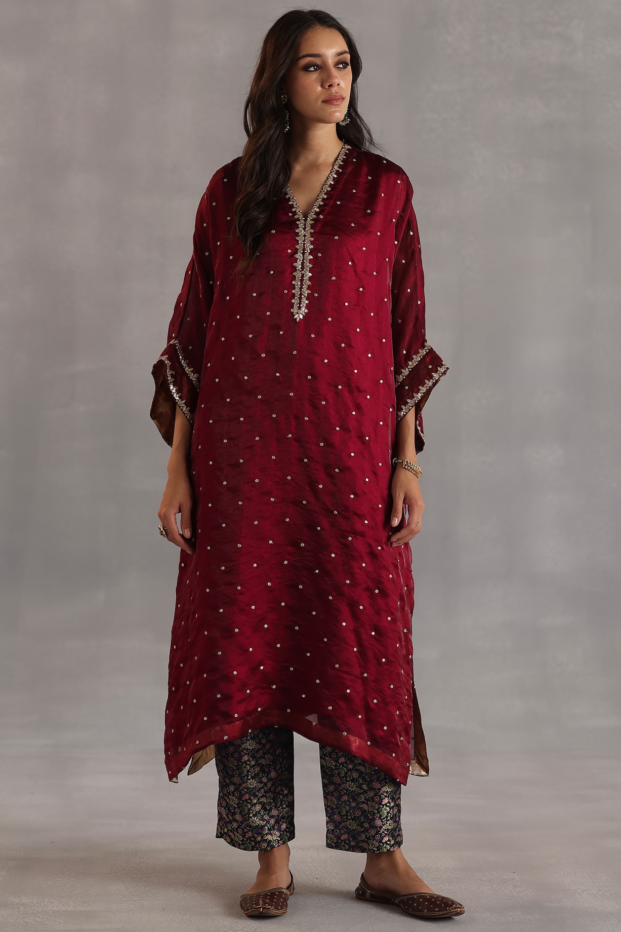 Ruby Red Satin Tissue Zari Embroidered Kurta Set by Begum Pret at Pernia's Pop Up Shop 2025