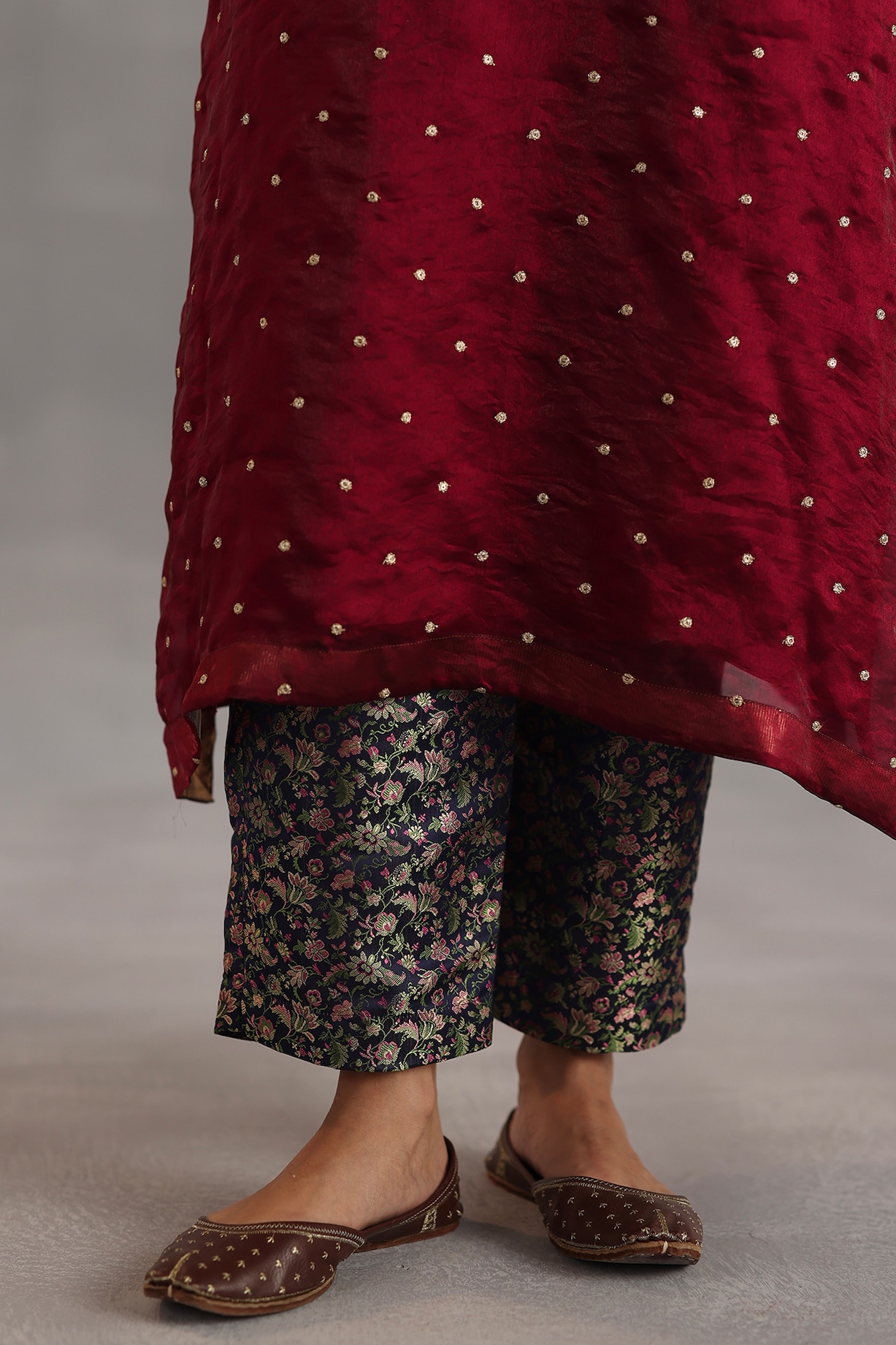 Ruby Red Satin Tissue Zari Embroidered Kurta Set by Begum Pret at Pernia's Pop Up Shop 2025