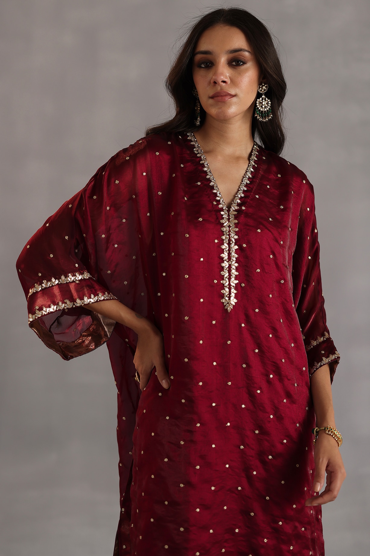 Ruby Red Satin Tissue Zari Embroidered Kurta Set by Begum Pret at ...