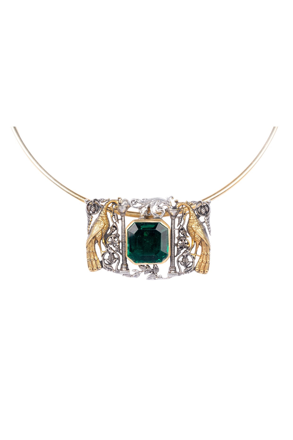 Two Tone Finish Green Doublet Stone & Peacock Motif Choker Necklace In ...