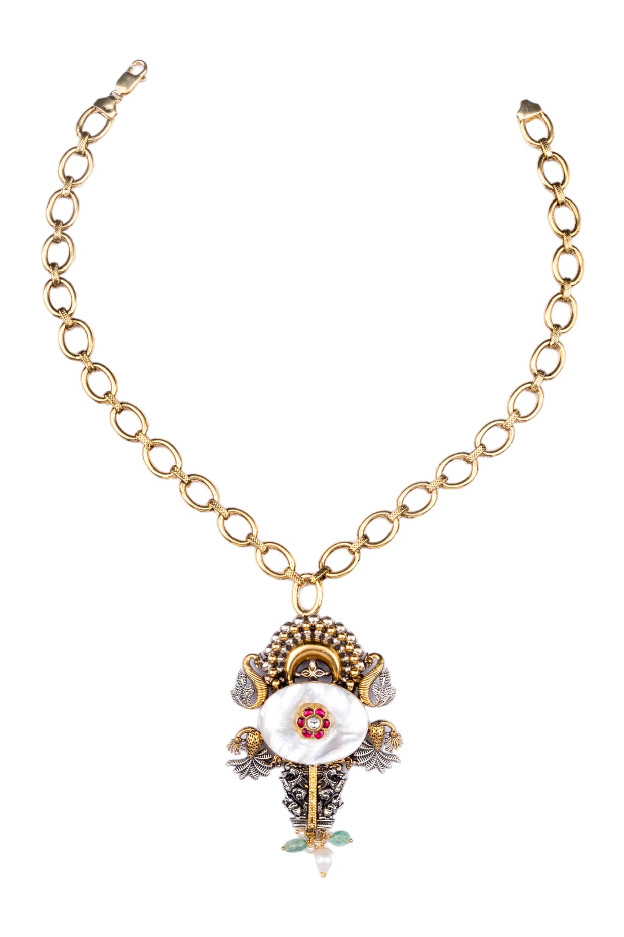 Two Tone Finish White Mother Of Pearls Long Necklace In Sterling Silver ...