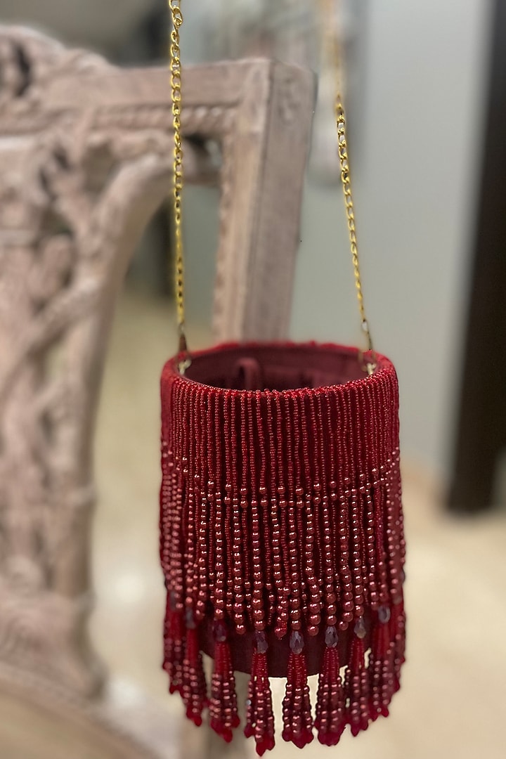 Red Velvet Hand Embroidered Bucket Potli Design by BHAVNA KUMAR at ...