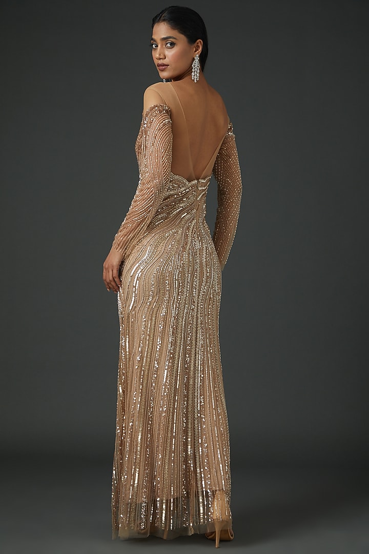 Gold & Silver Italian Tulle Hand Embroidered Gown by Bhawna Rao at ...