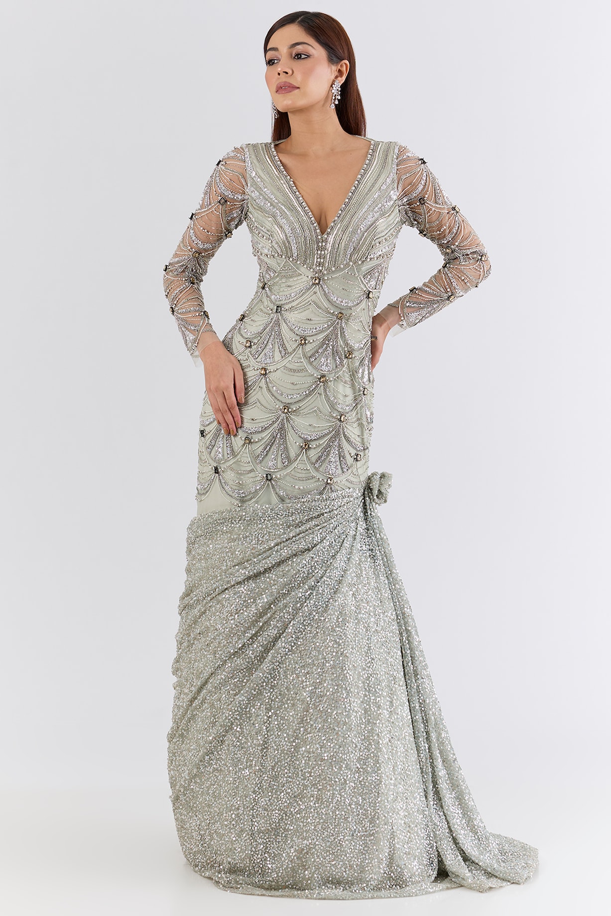 Sea Green Italian Tulle Swarovski Hand Embroidered Mermaid Flared ...