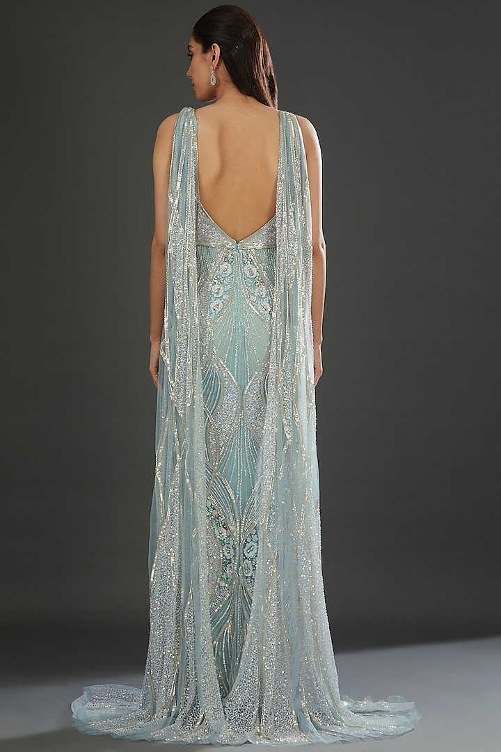 Powder Blue Italian Tulle Hand Embroidered Gown by Bhawna Rao at Pernia ...