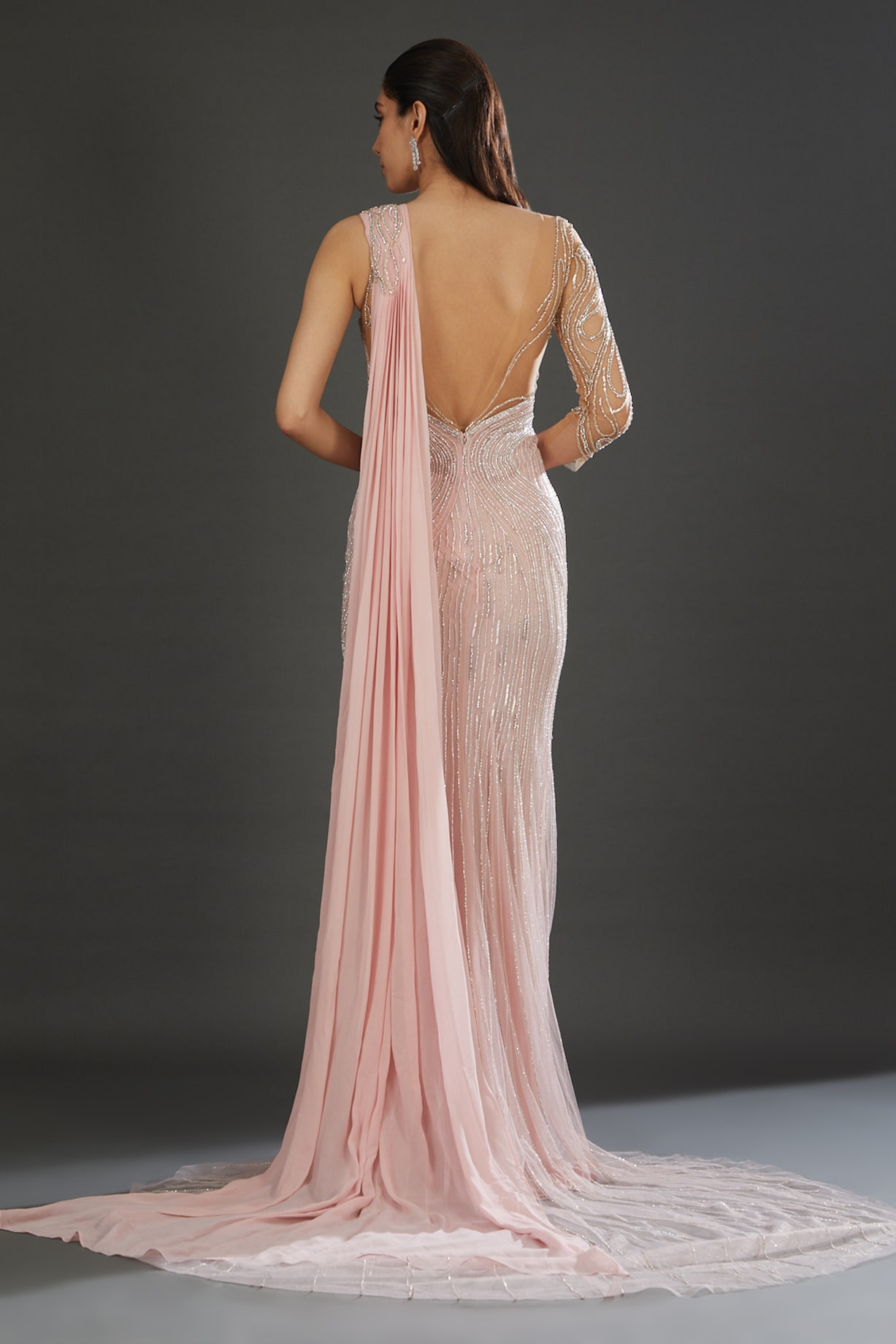 Blush Pink Italian Tulle Hand Embroidered Draped Gown by Bhawna Rao at ...