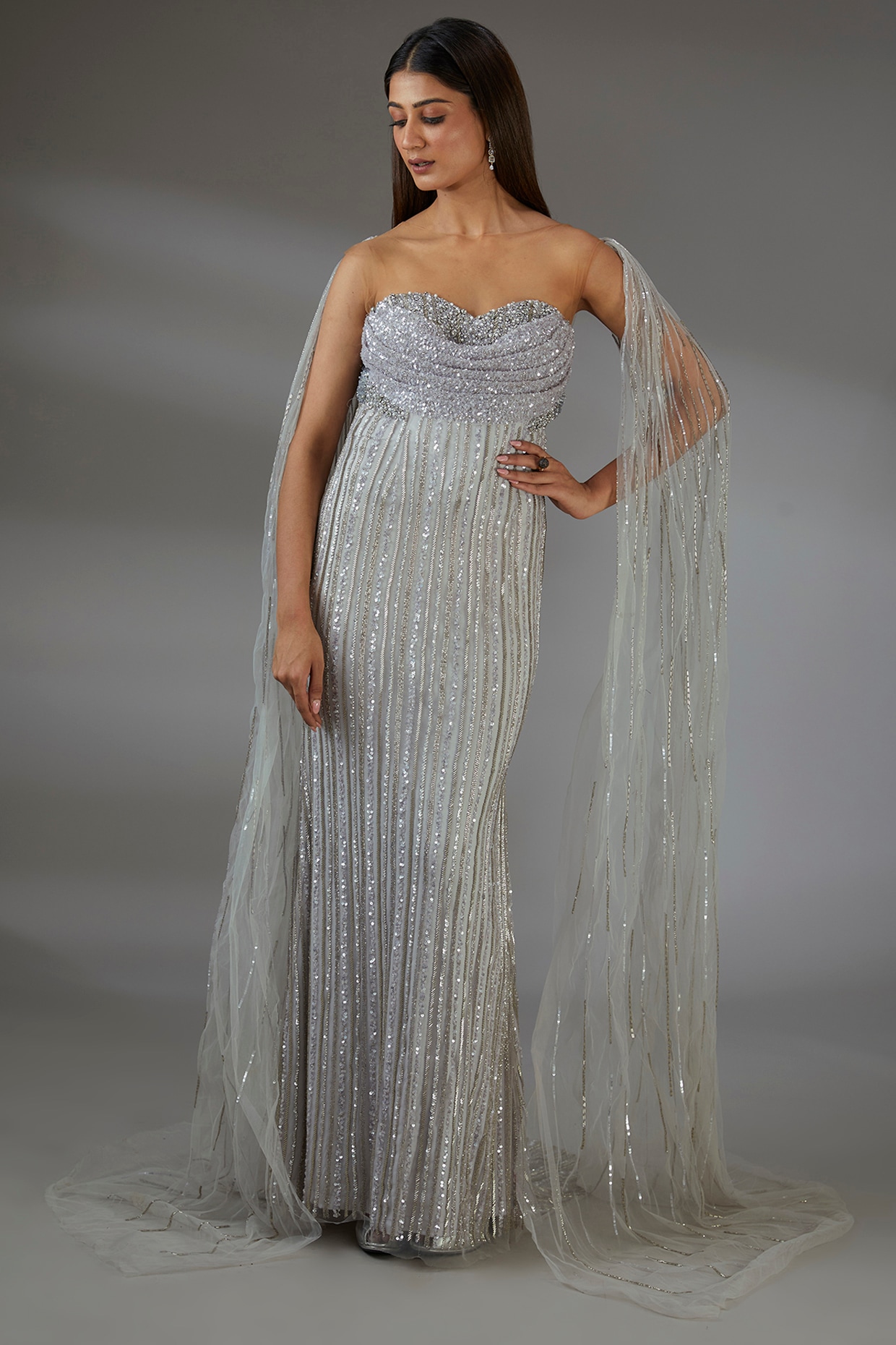 Silver Italian Tulle Crystal Hand Embellished Corset Gown by Bhawna Rao ...