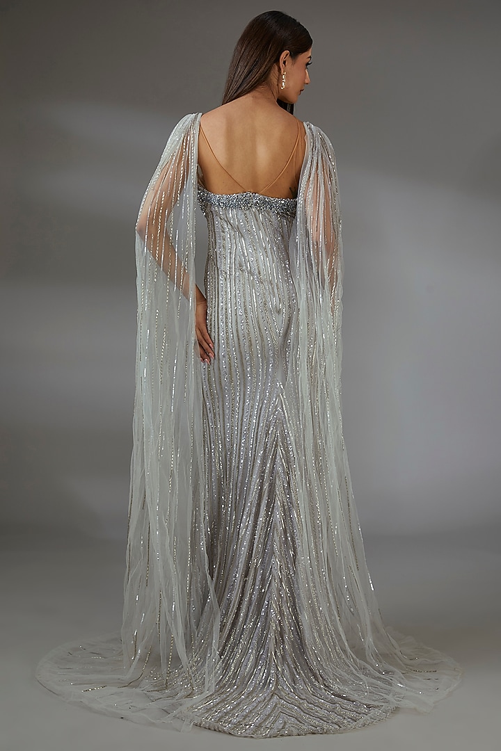 Silver Italian Tulle Crystal Hand Embellished Corset Gown by Bhawna Rao ...