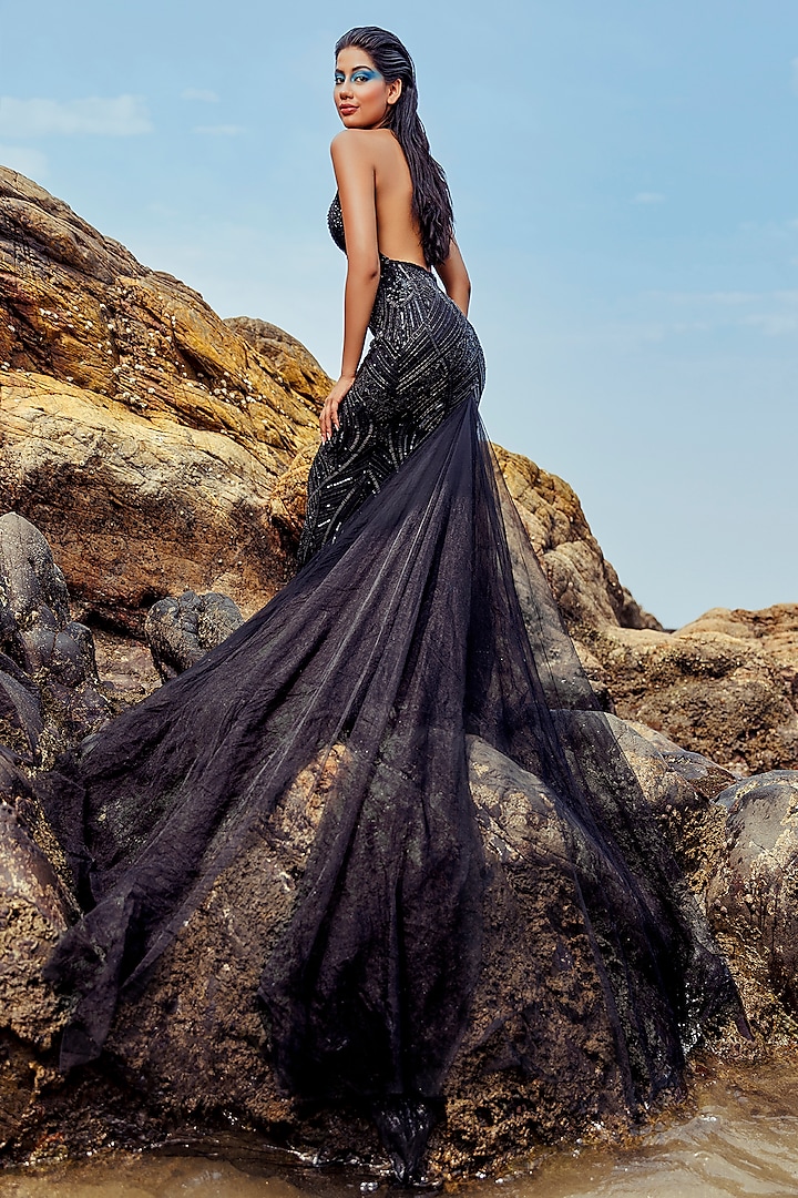 Black Italian Tulle Crystal Hand Embroidered Trail Gown by Bhawna Rao ...