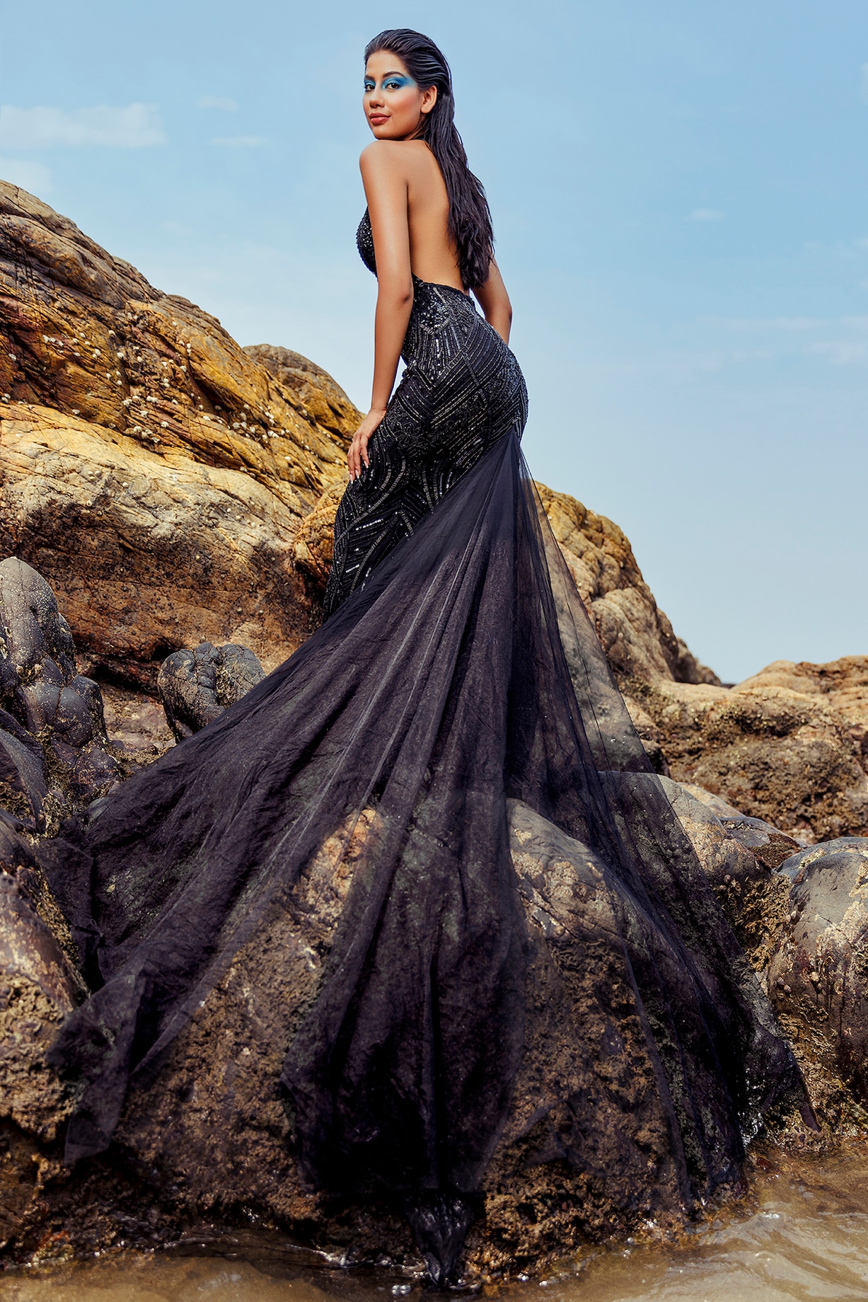Black Italian Tulle Crystal Hand Embroidered Trail Gown by Bhawna Rao ...