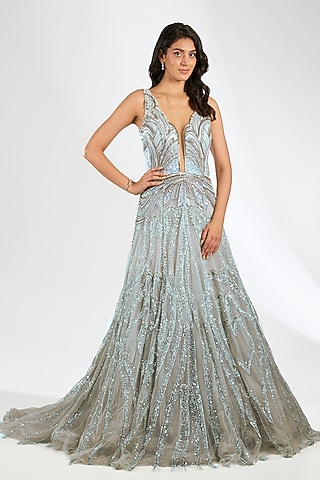 Blue Italian Tulle Crystal Embroidered Flared Gown by Bhawna Rao at ...
