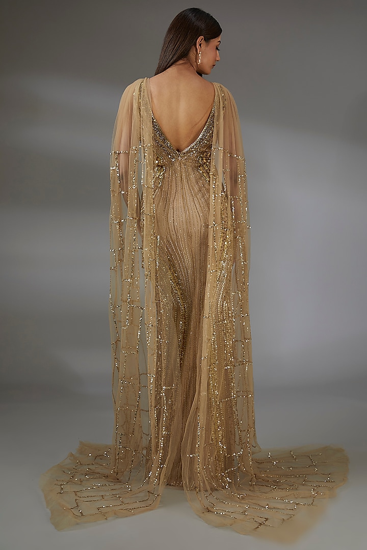Gold Italian Tulle Crystal Embroidered Gown by Bhawna Rao at Pernia's ...