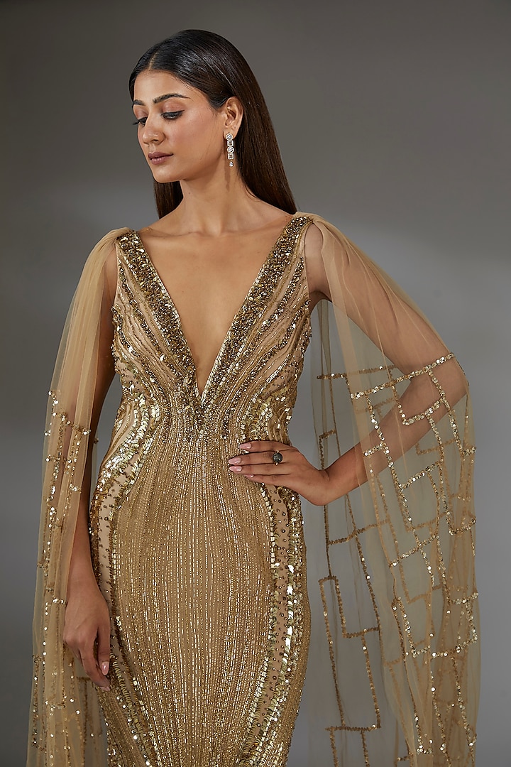 Gold Italian Tulle Crystal Embroidered Gown by Bhawna Rao at Pernia's ...
