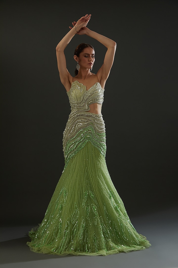 Mint Green Hand Embroidered Ombre Gown by Bhawna Rao at Pernia's Pop Up ...