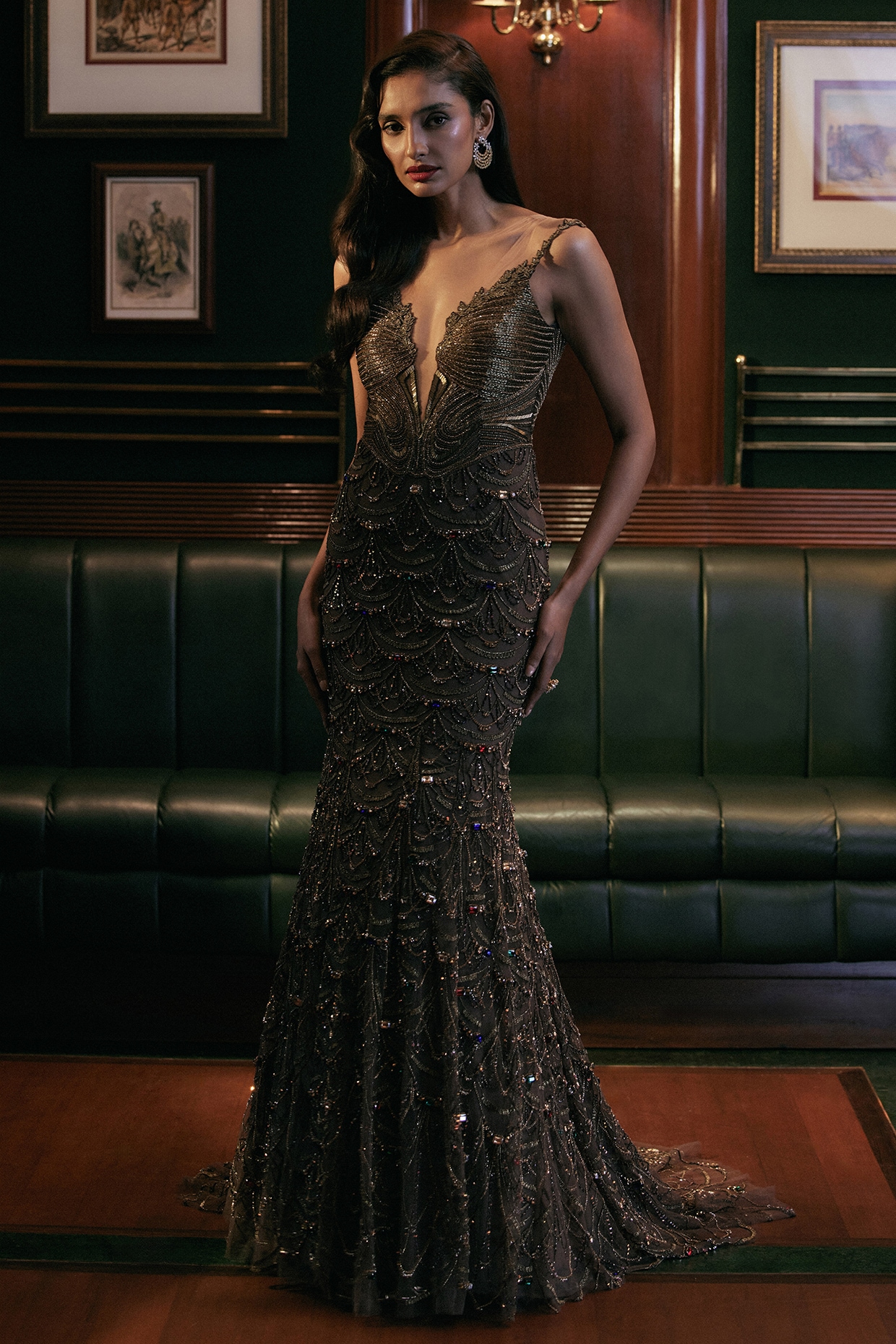 Flirty Brown Italian Tulle Crystal Hand Embroidered Gown by Bhawna Rao ...